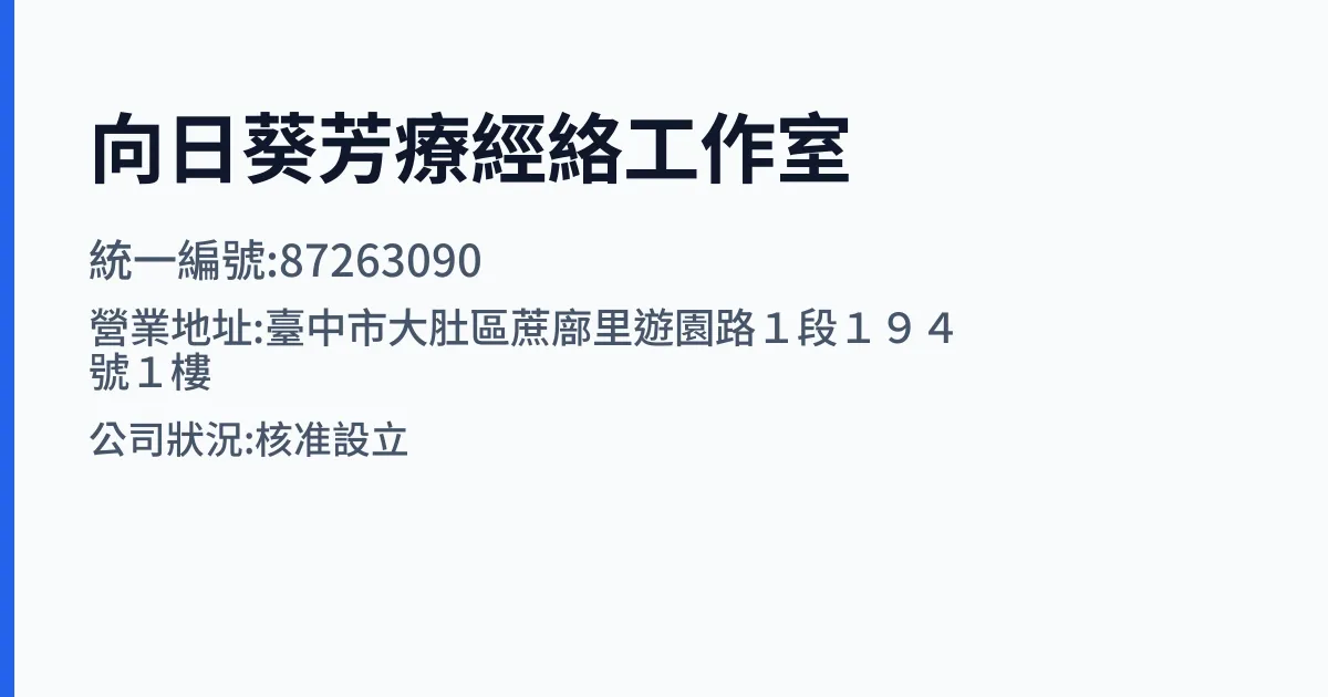 向日葵芳療經絡工作室 - 統編 87263090(臺中市) 公司登記資料與營業項目詳細圖表