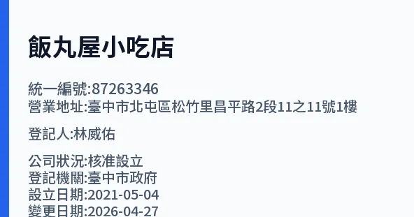 飯丸屋小吃店的照片-統編 87263346(臺中市) 公司登記資料與營業項目詳細圖表