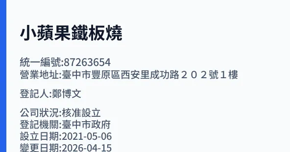小蘋果鐵板燒的照片-統編 87263654(臺中市) 公司登記資料與營業項目詳細圖表