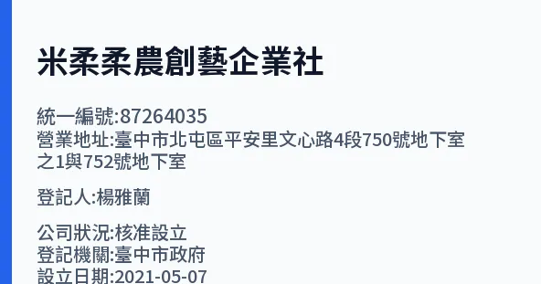 米柔柔農創藝企業社的照片-統編 87264035(臺中市) 公司登記資料與營業項目詳細圖表