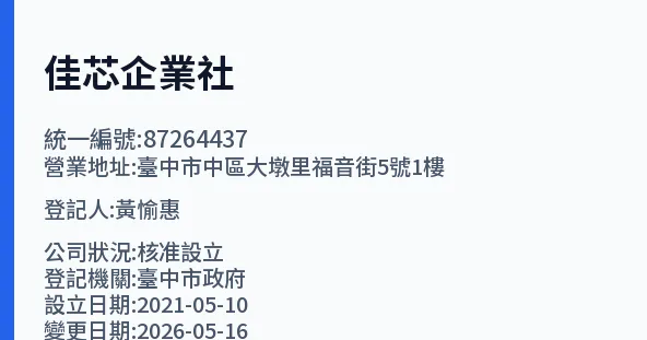 佳芯企業社的照片-統編 87264437(臺中市) 公司登記資料與營業項目詳細圖表