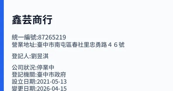 鑫芸商行的照片-統編 87265219(臺中市) 公司登記資料與營業項目詳細圖表