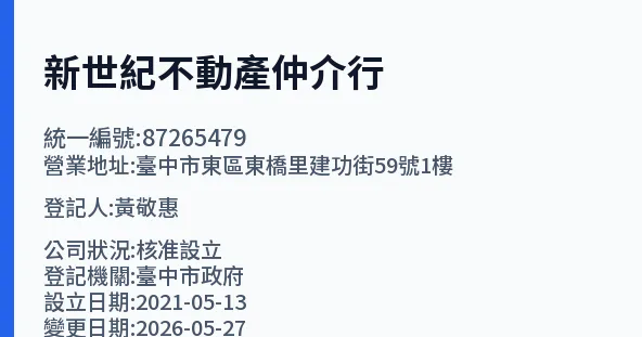 新世紀不動產仲介行的照片-統編 87265479(臺中市) 公司登記資料與營業項目詳細圖表