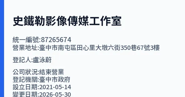 史鐵勒影像傳媒工作室的照片-統編 87265674(臺中市) 公司登記資料與營業項目詳細圖表