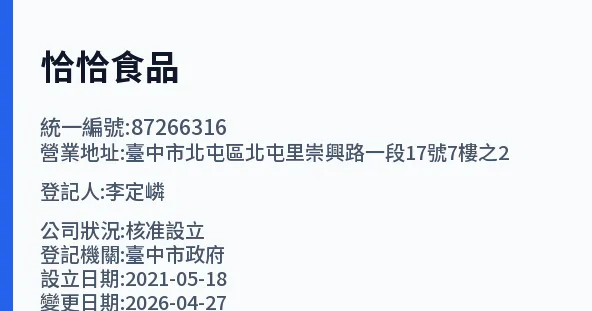 恰恰食品的照片-統編 87266316(臺中市) 公司登記資料與營業項目詳細圖表