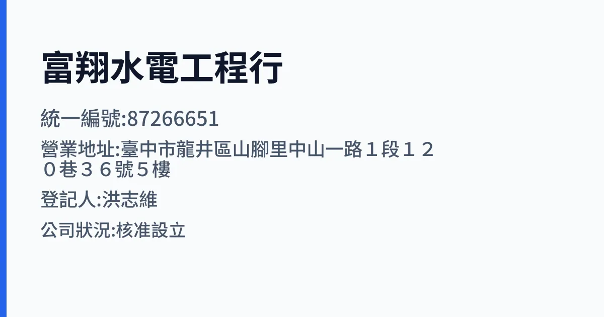 富翔水電工程行 - 統編 87266651(臺中市) 公司登記資料與營業項目詳細圖表