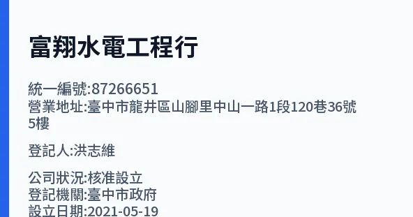 富翔水電工程行的照片-統編 87266651(臺中市) 公司登記資料與營業項目詳細圖表