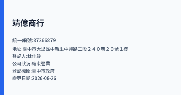 靖億商行的照片-統編 87266879(臺中市) 公司登記資料與營業項目詳細圖表