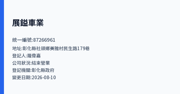 展鎰車業的照片-統編 87266961(彰化縣) 公司登記資料與營業項目詳細圖表