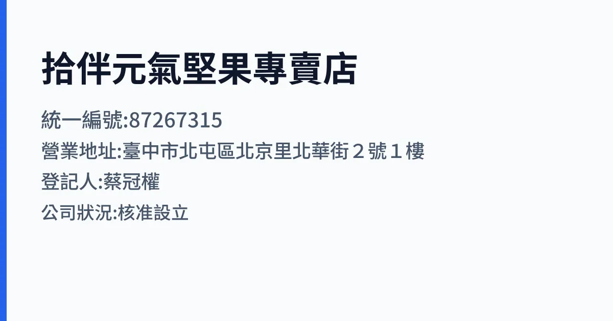 拾伴元氣堅果專賣店 - 統編 87267315(臺中市) 公司登記資料與營業項目詳細圖表