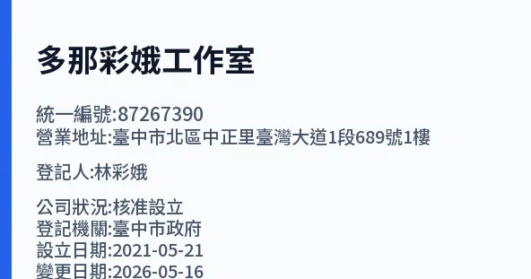 多那彩娥工作室的照片-統編 87267390(臺中市) 公司登記資料與營業項目詳細圖表