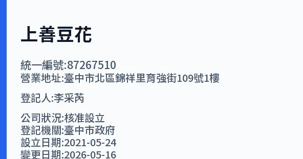 上善豆花的照片-統編 87267510(臺中市) 公司登記資料與營業項目詳細圖表