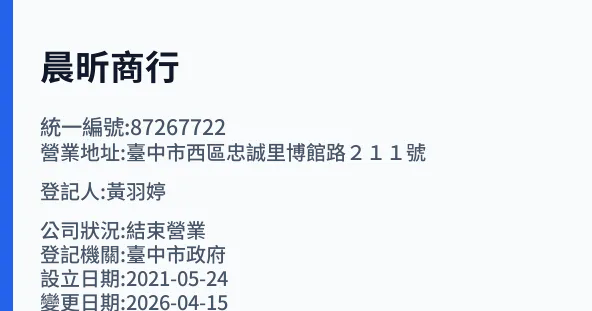 晨昕商行的照片-統編 87267722(臺中市) 公司登記資料與營業項目詳細圖表