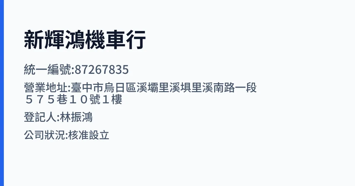新輝鴻機車行 - 統編 87267835(臺中市) 公司登記資料與營業項目詳細圖表