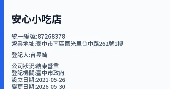 安心小吃店的照片-統編 87268378(臺中市) 公司登記資料與營業項目詳細圖表