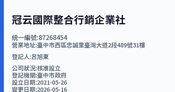 冠云國際整合行銷企業社的照片-統編 87268454(臺中市) 公司登記資料與營業項目詳細圖表