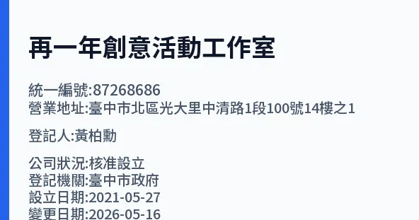 再一年創意活動工作室的照片-統編 87268686(臺中市) 公司登記資料與營業項目詳細圖表