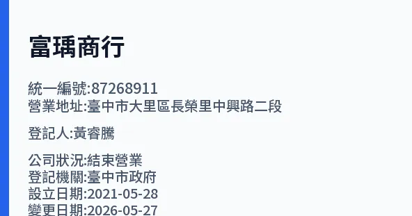 富瑀商行的照片-統編 87268911(臺中市) 公司登記資料與營業項目詳細圖表