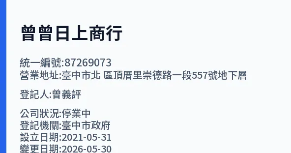 曾曾日上商行的照片-統編 87269073(臺中市) 公司登記資料與營業項目詳細圖表