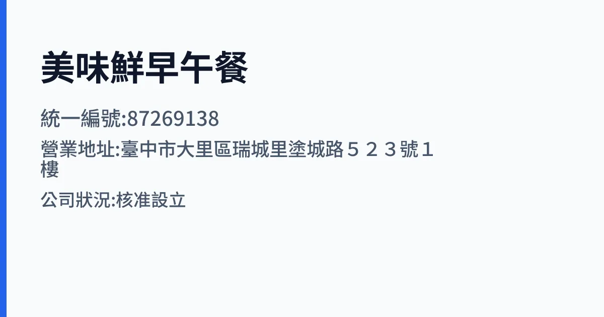 美味鮮早午餐 - 統編 87269138(臺中市) 公司登記資料與營業項目詳細圖表