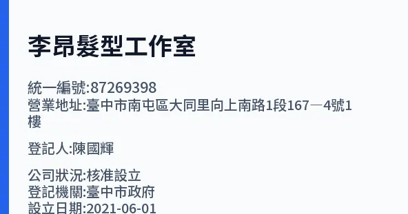 李昂髮型工作室的照片-統編 87269398(臺中市) 公司登記資料與營業項目詳細圖表
