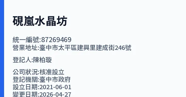 硯嵐水晶坊的照片-統編 87269469(臺中市) 公司登記資料與營業項目詳細圖表