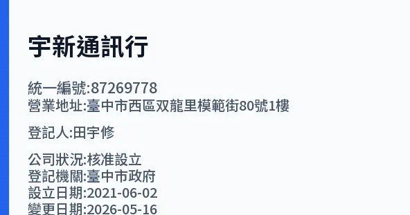 宇新通訊行的照片-統編 87269778(臺中市) 公司登記資料與營業項目詳細圖表