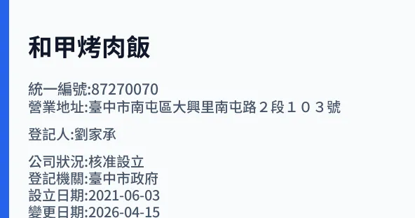 和甲烤肉飯的照片-統編 87270070(臺中市) 公司登記資料與營業項目詳細圖表