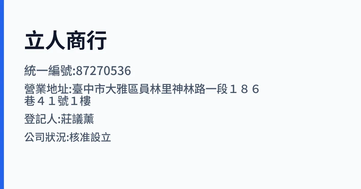 立人商行 - 統編 87270536(臺中市) 公司登記資料與營業項目詳細圖表