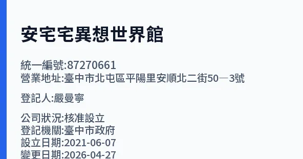 安宅宅異想世界館的照片-統編 87270661(臺中市) 公司登記資料與營業項目詳細圖表