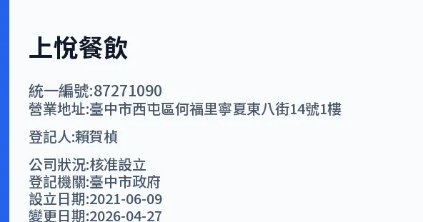 上悅餐飲的照片-統編 87271090(臺中市) 公司登記資料與營業項目詳細圖表