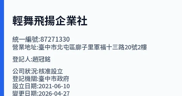 輕舞飛揚企業社的照片-統編 87271330(臺中市) 公司登記資料與營業項目詳細圖表