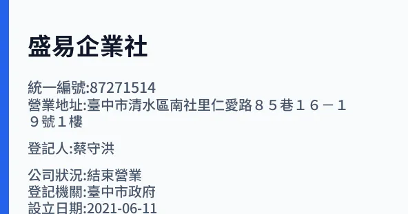盛易企業社的照片-統編 87271514(臺中市) 公司登記資料與營業項目詳細圖表
