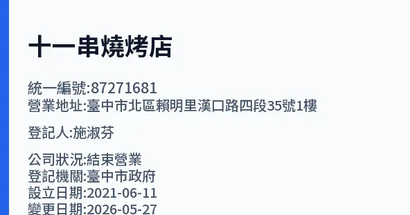 十一串燒烤店的照片-統編 87271681(臺中市) 公司登記資料與營業項目詳細圖表