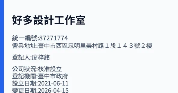好多設計工作室的照片-統編 87271774(臺中市) 公司登記資料與營業項目詳細圖表