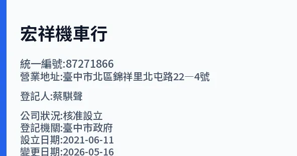 宏祥機車行的照片-統編 87271866(臺中市) 公司登記資料與營業項目詳細圖表