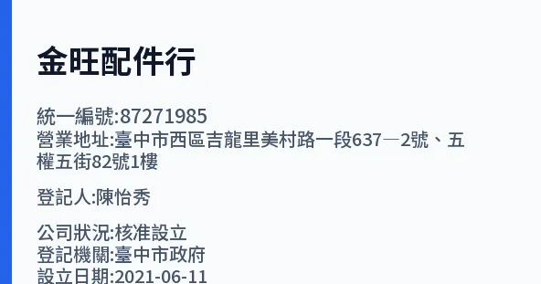 金旺配件行的照片-統編 87271985(臺中市) 公司登記資料與營業項目詳細圖表