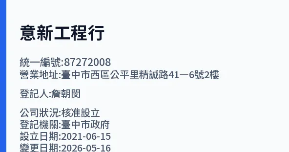 意新工程行的照片-統編 87272008(臺中市) 公司登記資料與營業項目詳細圖表