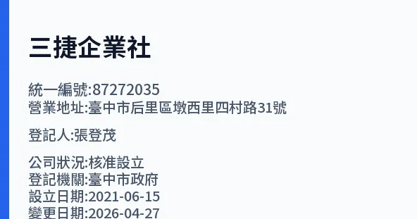 三捷企業社的照片-統編 87272035(臺中市) 公司登記資料與營業項目詳細圖表