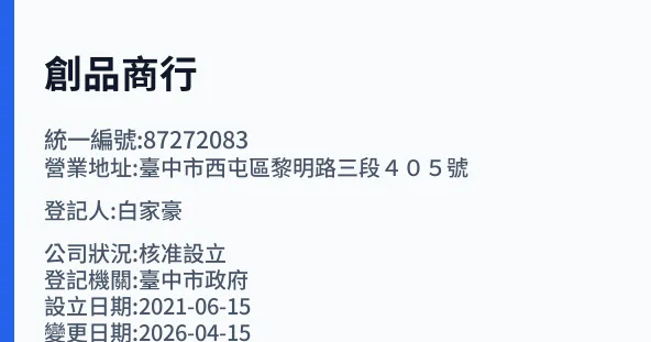 創品商行的照片-統編 87272083(臺中市) 公司登記資料與營業項目詳細圖表