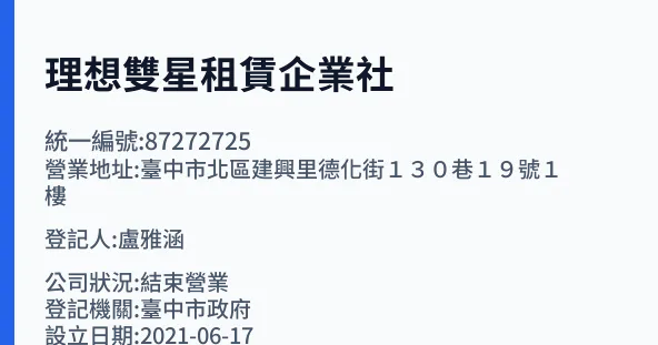 理想雙星租賃企業社的照片-統編 87272725(臺中市) 公司登記資料與營業項目詳細圖表