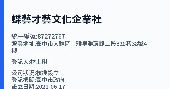 蝶藝才藝文化企業社的照片-統編 87272767(臺中市) 公司登記資料與營業項目詳細圖表