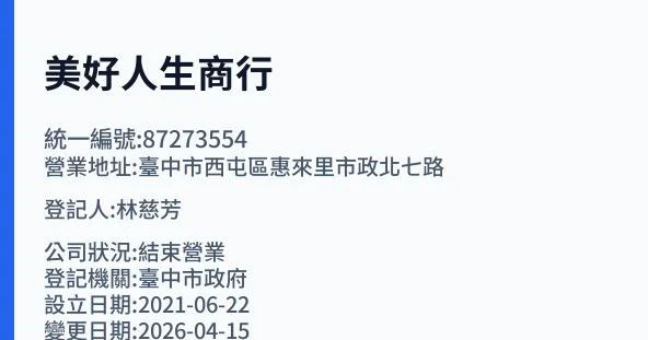 美好人生商行的照片-統編 87273554(臺中市) 公司登記資料與營業項目詳細圖表