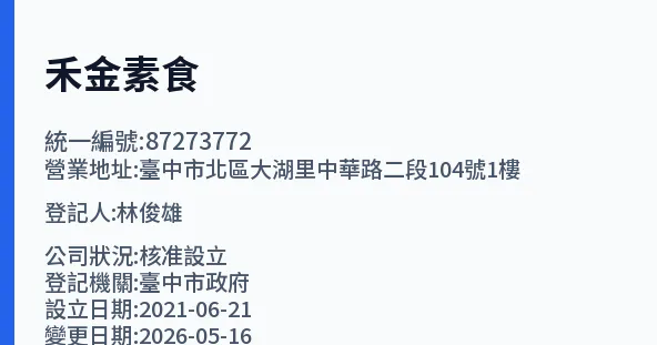 禾金素食的照片-統編 87273772(臺中市) 公司登記資料與營業項目詳細圖表