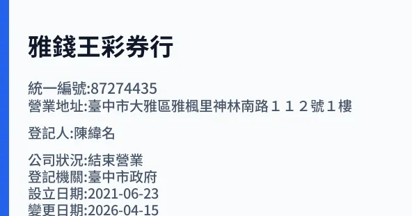 雅錢王彩券行的照片-統編 87274435(臺中市) 公司登記資料與營業項目詳細圖表