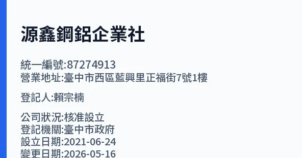 源鑫鋼鋁企業社的照片-統編 87274913(臺中市) 公司登記資料與營業項目詳細圖表