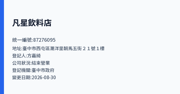 凡星飲料店的照片-統編 87276095(臺中市) 公司登記資料與營業項目詳細圖表