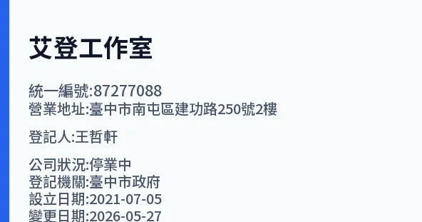 艾登工作室的照片-統編 87277088(臺中市) 公司登記資料與營業項目詳細圖表