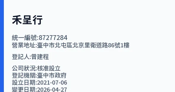 禾呈行的照片-統編 87277284(臺中市) 公司登記資料與營業項目詳細圖表