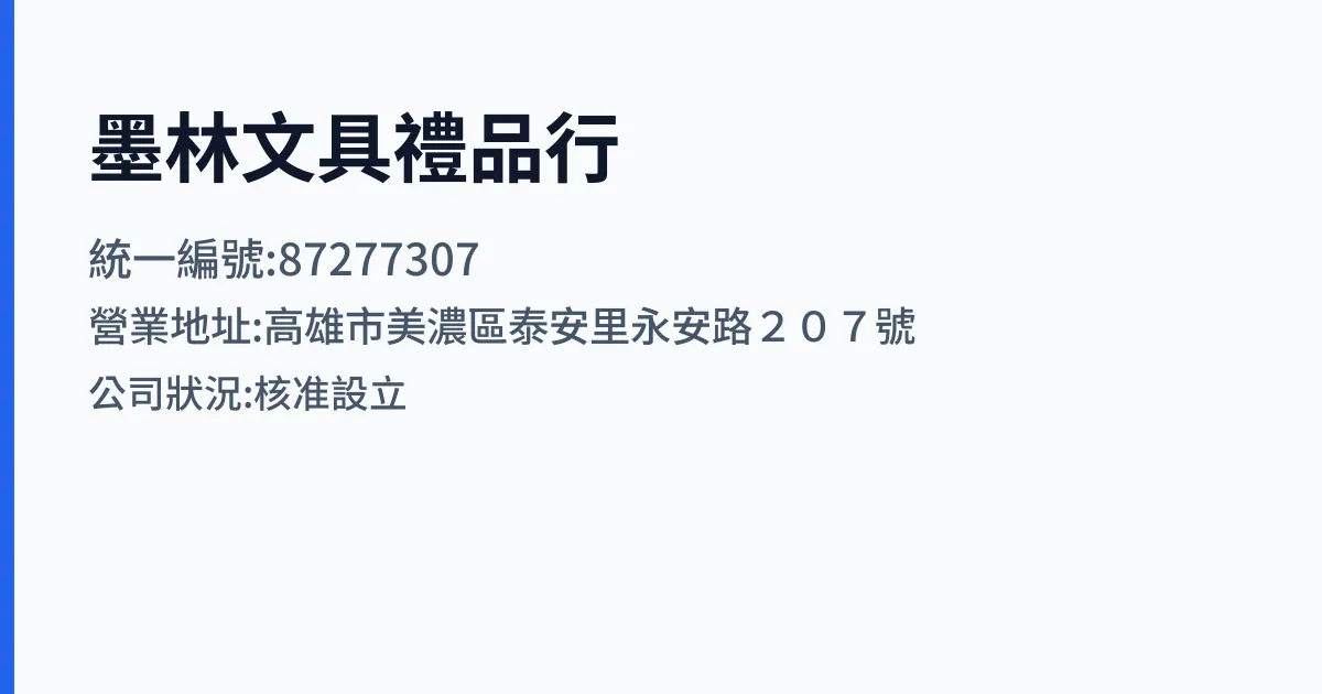 墨林文具禮品行 - 統編 87277307(高雄市) 公司登記資料與營業項目詳細圖表